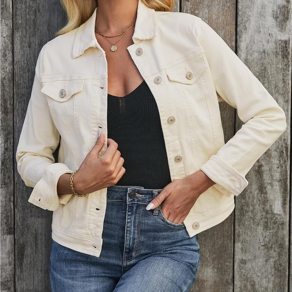 Jackets & Coats | Womens Cream Denim Jacket Off White Button Front ...